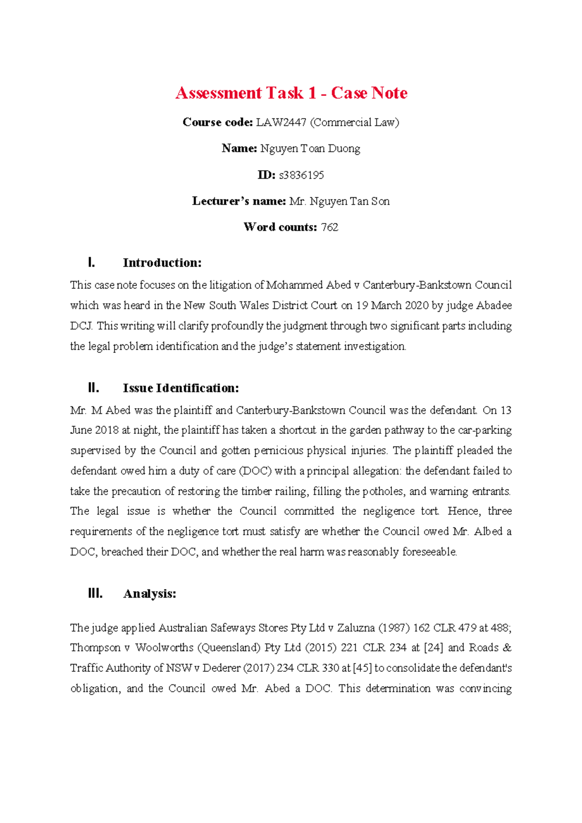 LAW2447 - Individual Assignment (Case Note) - Assessment Task 1 - Case Note Course code: LAW2447 ...