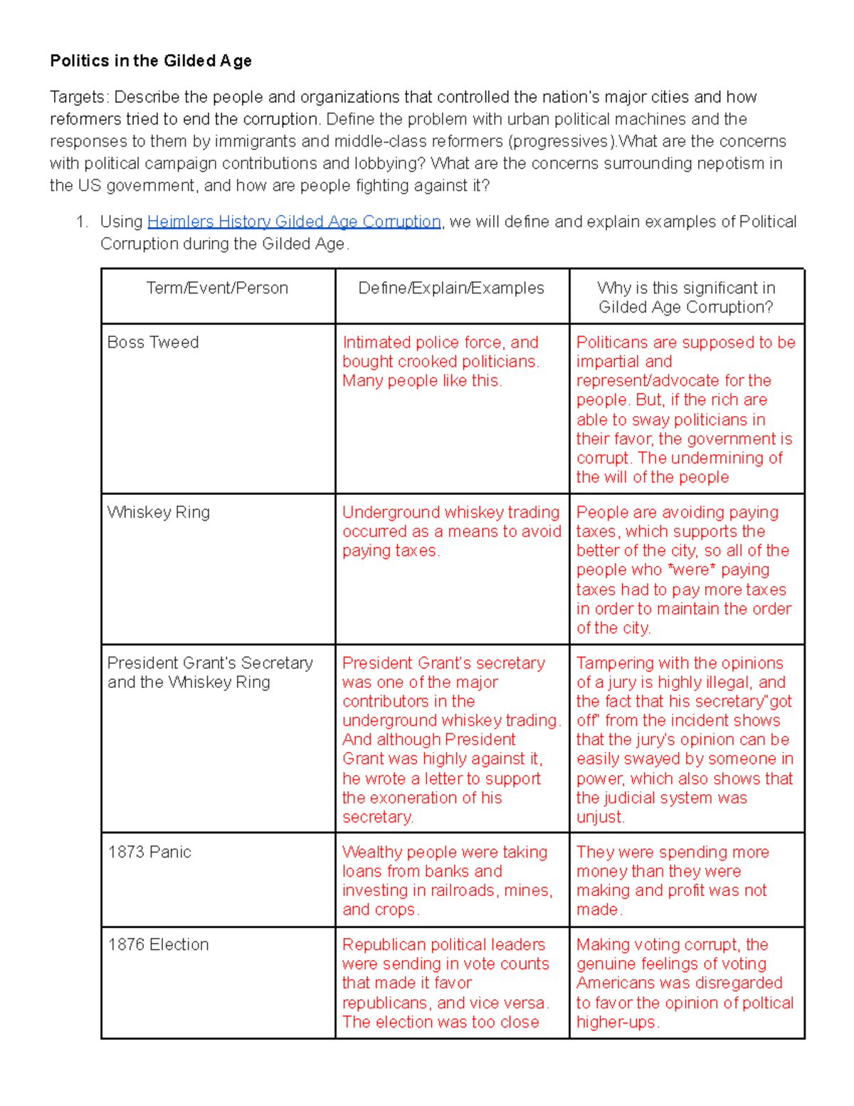 Topic 6 Politics in the Gilded Age - Politics in the Gilded Age Targets ...