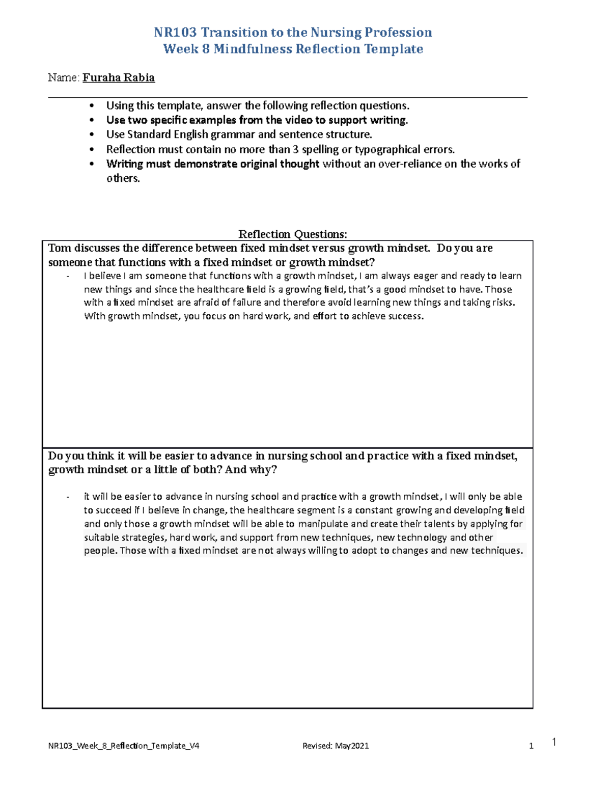 NR103 Week8 Reflection Template May2021 - NR103 Transition to the ...