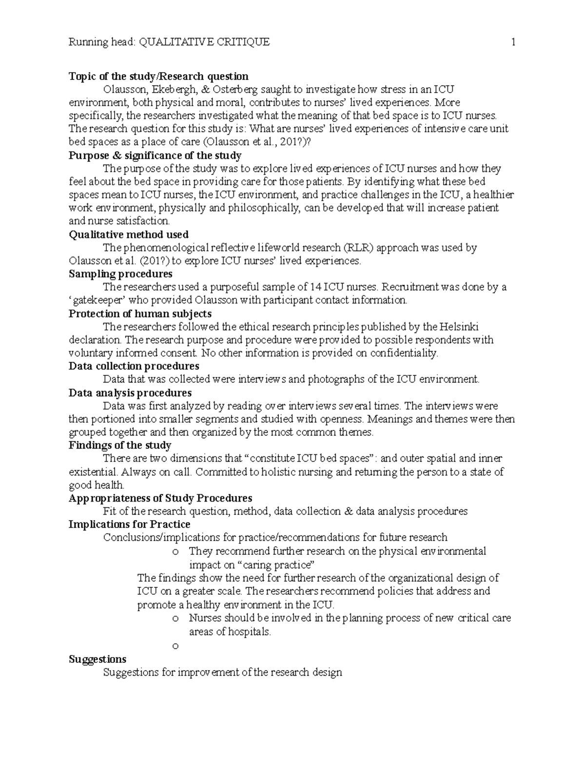 Qualitative Study Critique - Running head: QUALITATIVE CRITIQUE 1 Topic ...