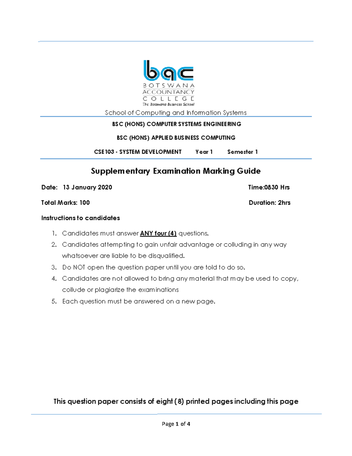 SD Supp Exam 2019 - CSE - School of Computing and Information Systems BSC (HONS) COMPUTER ...