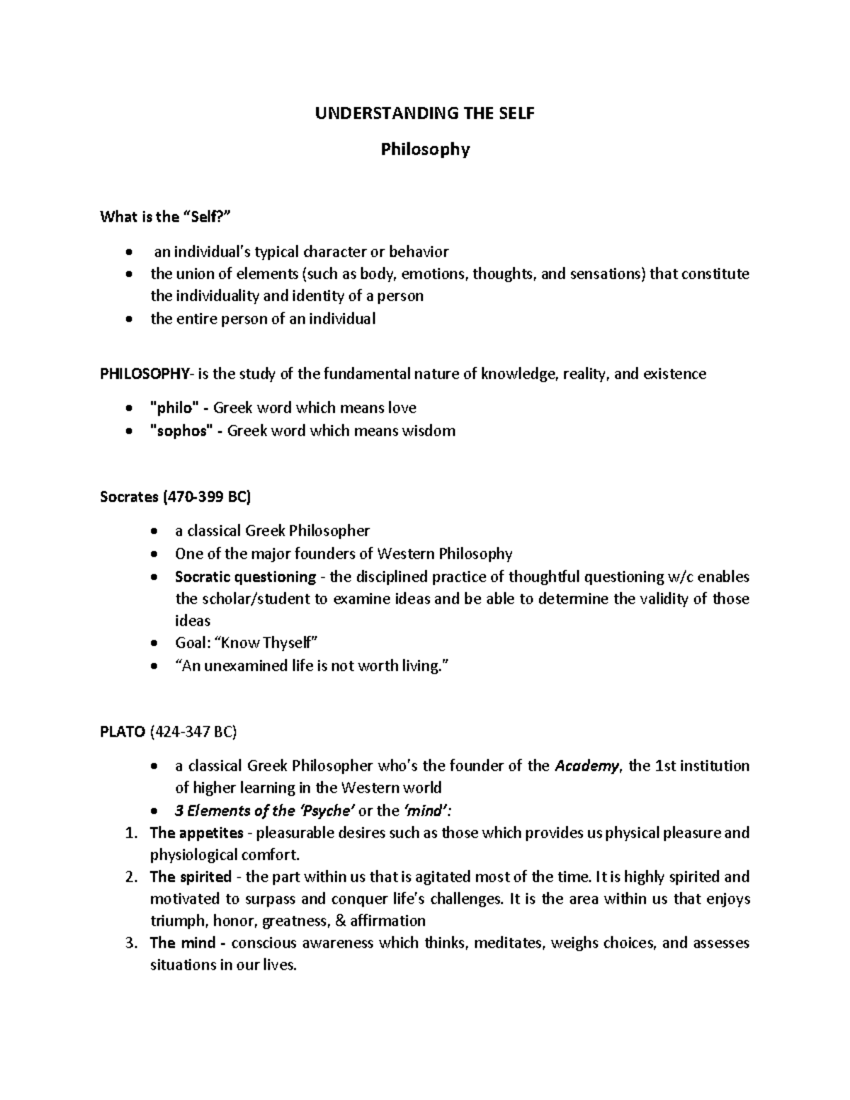 UTS Philo - UNDERSTANDING THE SELF Philosophy What is the “Self?” an ...