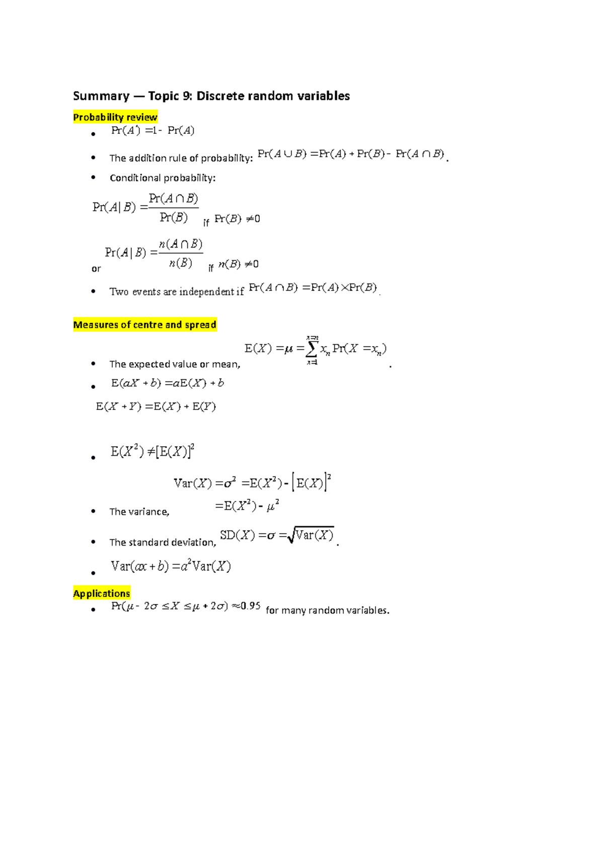 Summary — Topic 9 Discrete random variables - Summary — Topic 9: Discrete random variables - Studocu