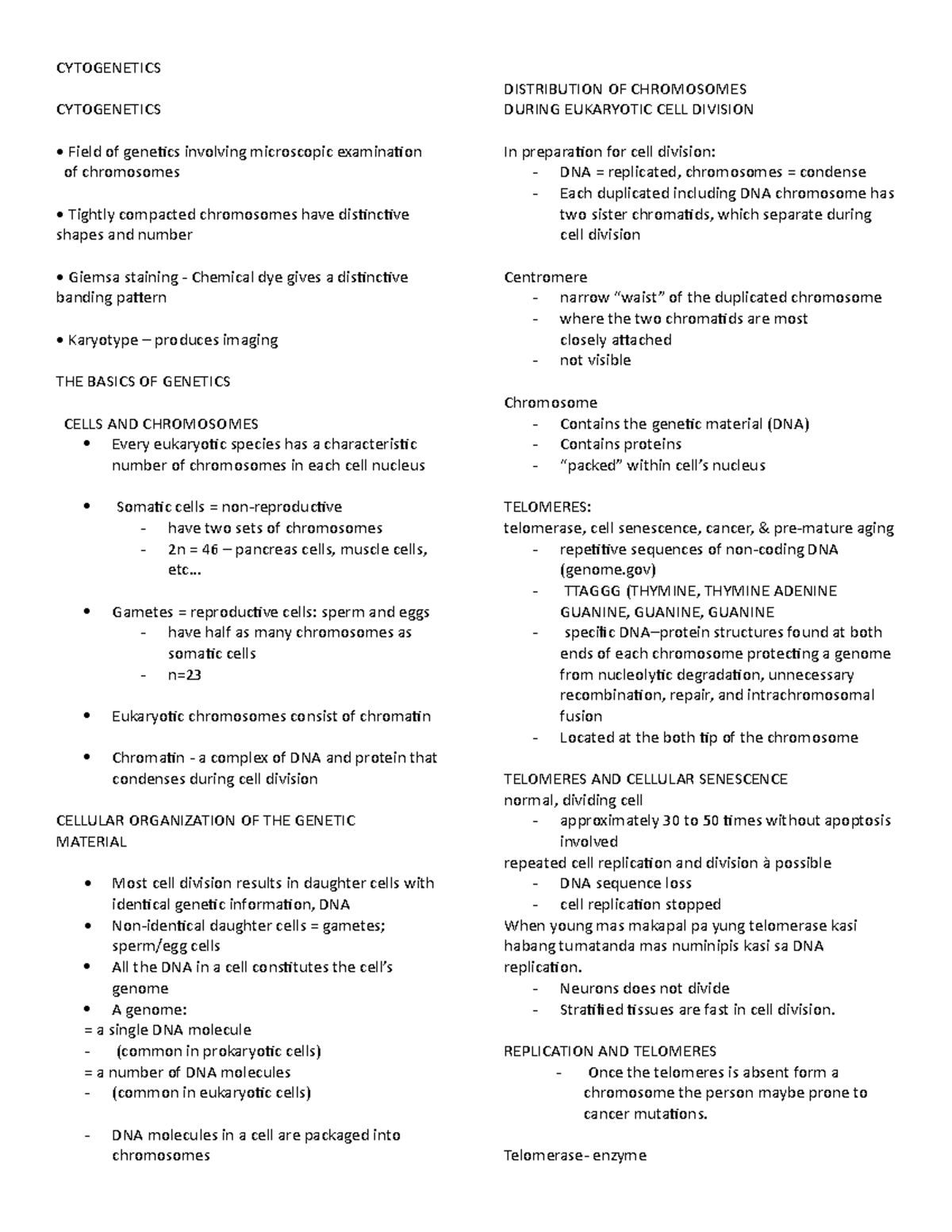Genetics - CYTOGENETICS CYTOGENETICS Field of genetics involving ...