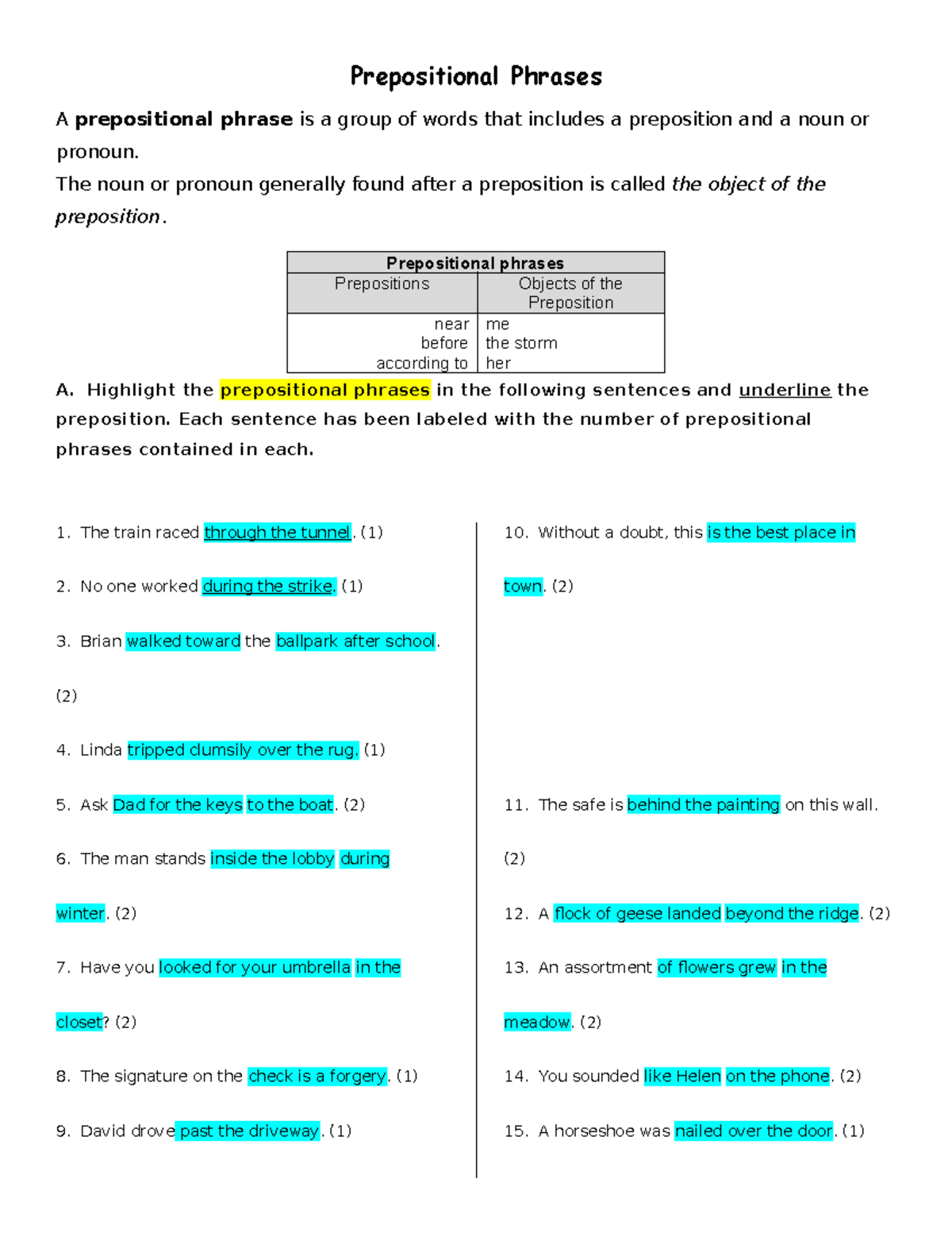 Prepositional Phrases Practice - Prepositional Phrases A prepositional ...
