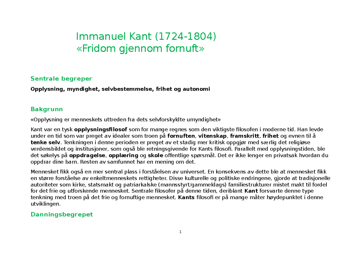 Immanuel Kant sammendrag - Immanuel Kant (1724-1804) «Fridom gjennom ...