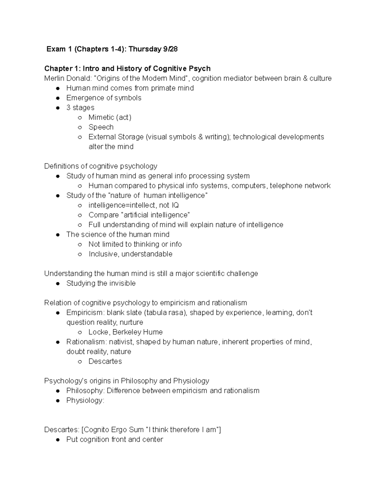 Exam 1 Study Guide - Exam 1 (Chapters 1-4): Thursday 9/ Chapter 1 ...