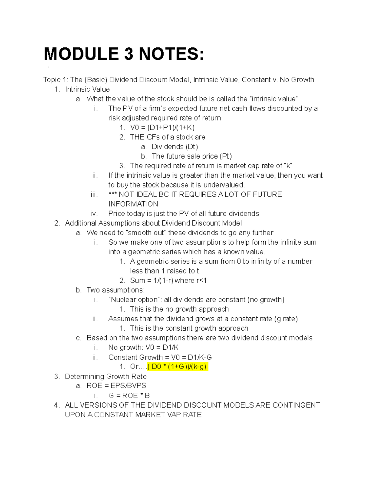 FINA4310 Module 3 Notes - MODULE 3 NOTES: Topic 1: The (Basic) Dividend ...