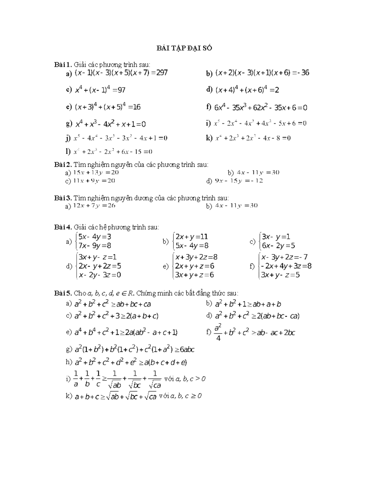 BÀI TẬP ĐẠI SỐ.full - hyhyh - BÀI TẬP ĐẠI SỐ Bài 1. Giải các phương ...