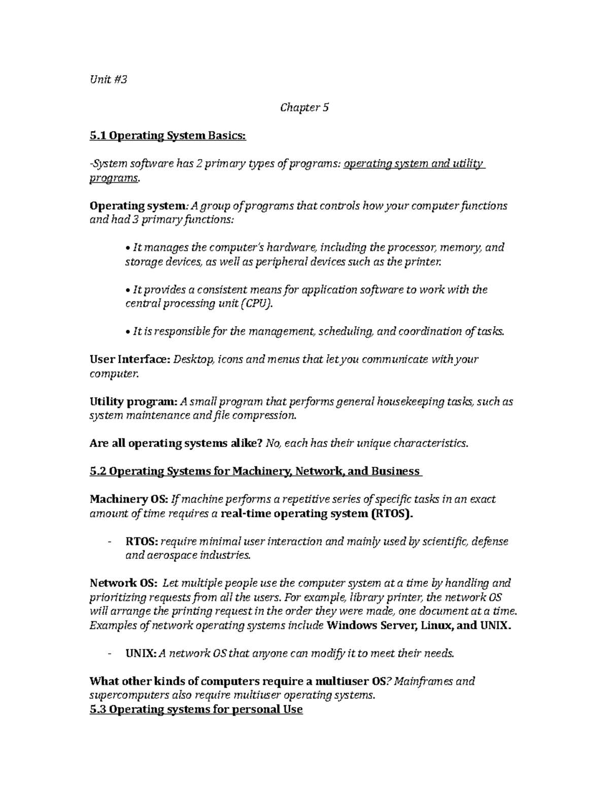 Unit#3 - Lecture notes 3 - Unit # Chapter 5 5 Operating System Basics ...