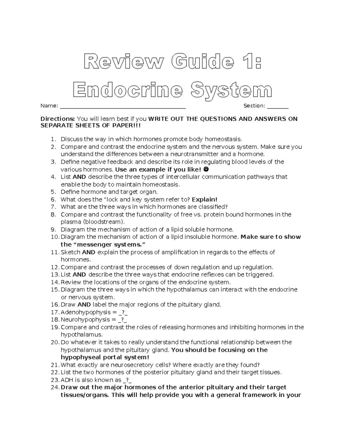 1 Endocrine System Review Guide 2021 Stock - Name