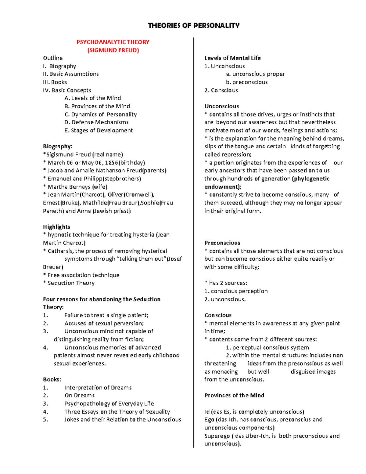 Theories of Personality Summary - THEORIES OF PERSONALITY ...