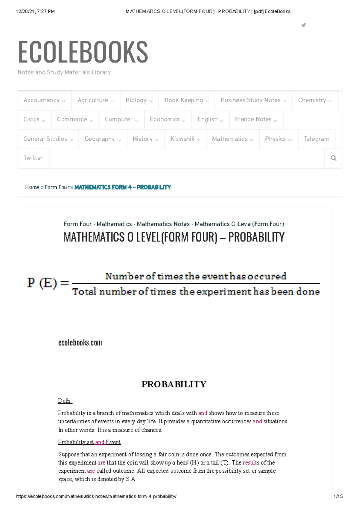 Mathematics - Probability - Form Four • Mathematics • Mathematics Notes ...