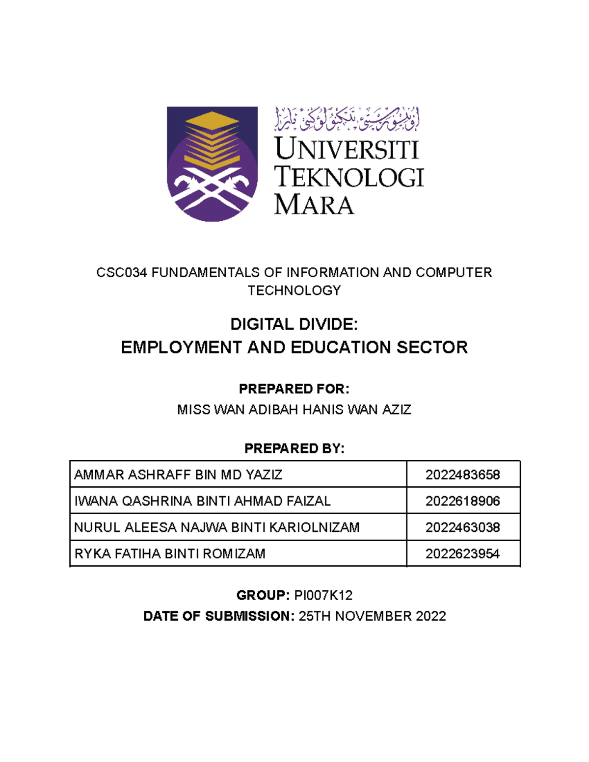 CSC Digital Divide - CSC034 FUNDAMENTALS OF INFORMATION AND COMPUTER ...