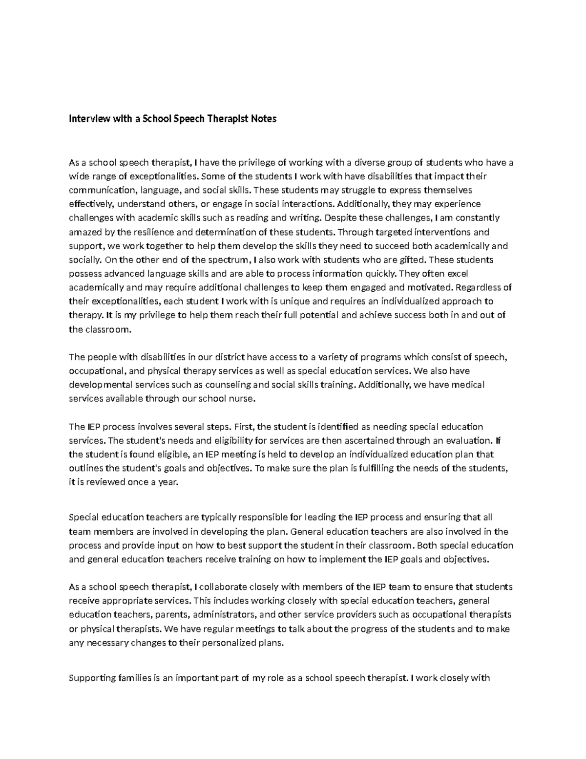 Interviews week 3 - Interview with a School Speech Therapist Notes As a ...