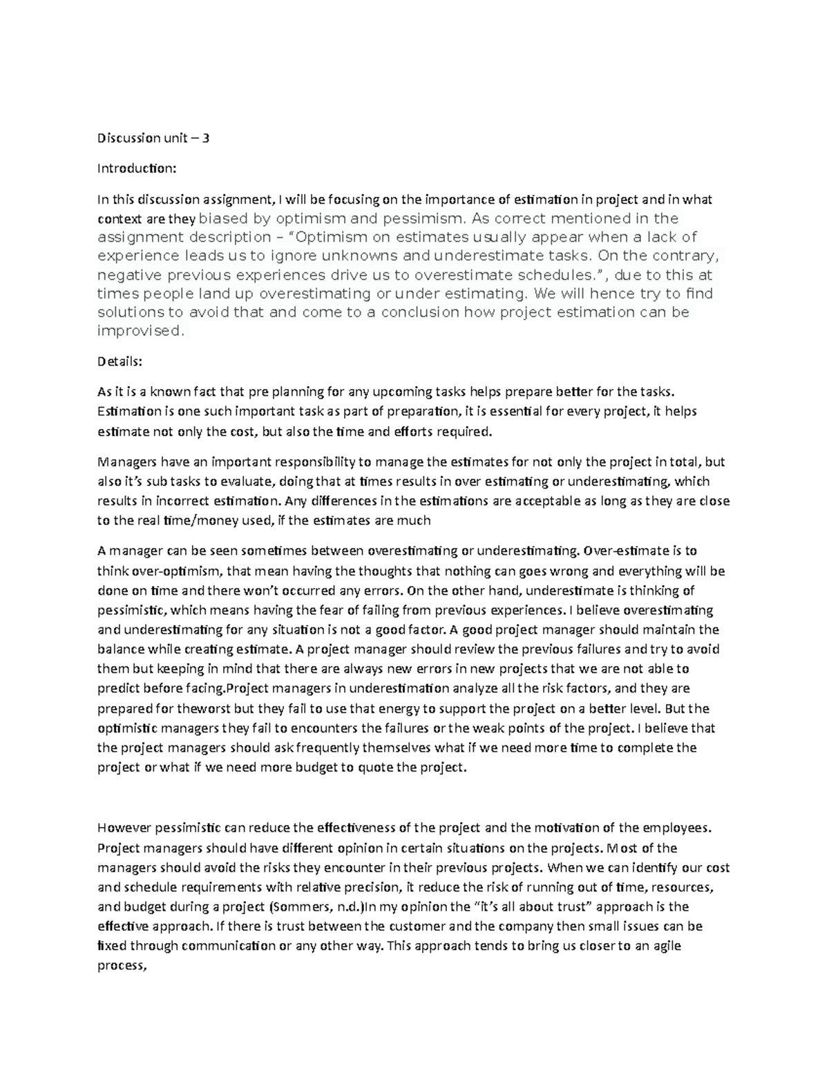 Discussion Unit 3 PMP - Discussion unit – 3 Introduction: In this ...