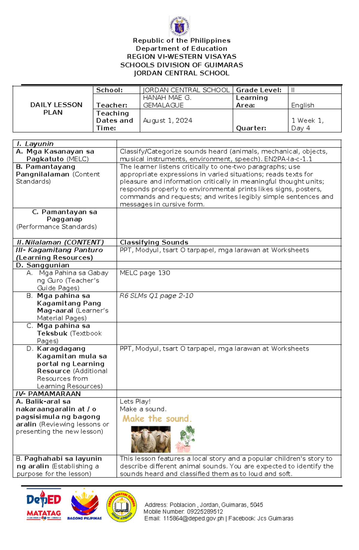August 1 lesson plan - Republic of the Philippines Department of ...