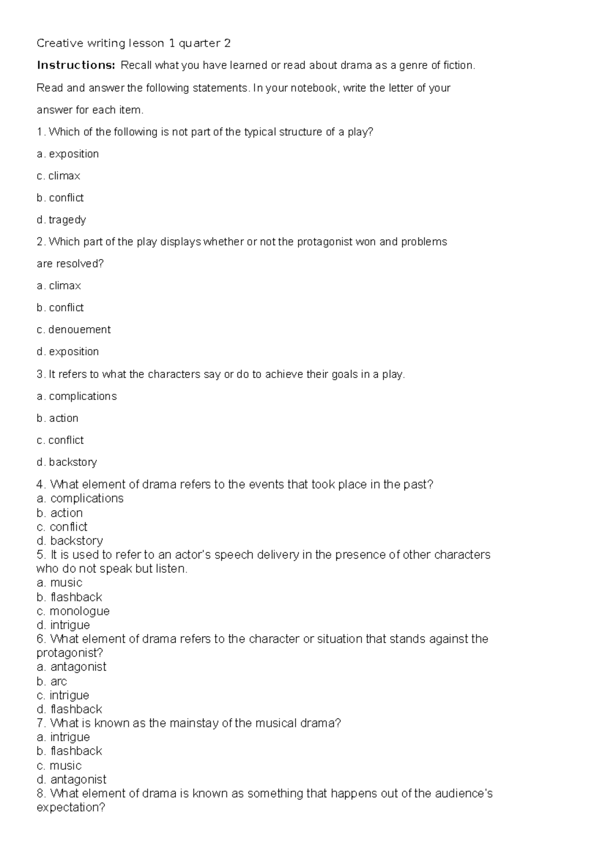 Quarter 2 q Uizzes - LECTURE - Creative writing lesson 1 quarter 2 Instructions: Recall what you ...