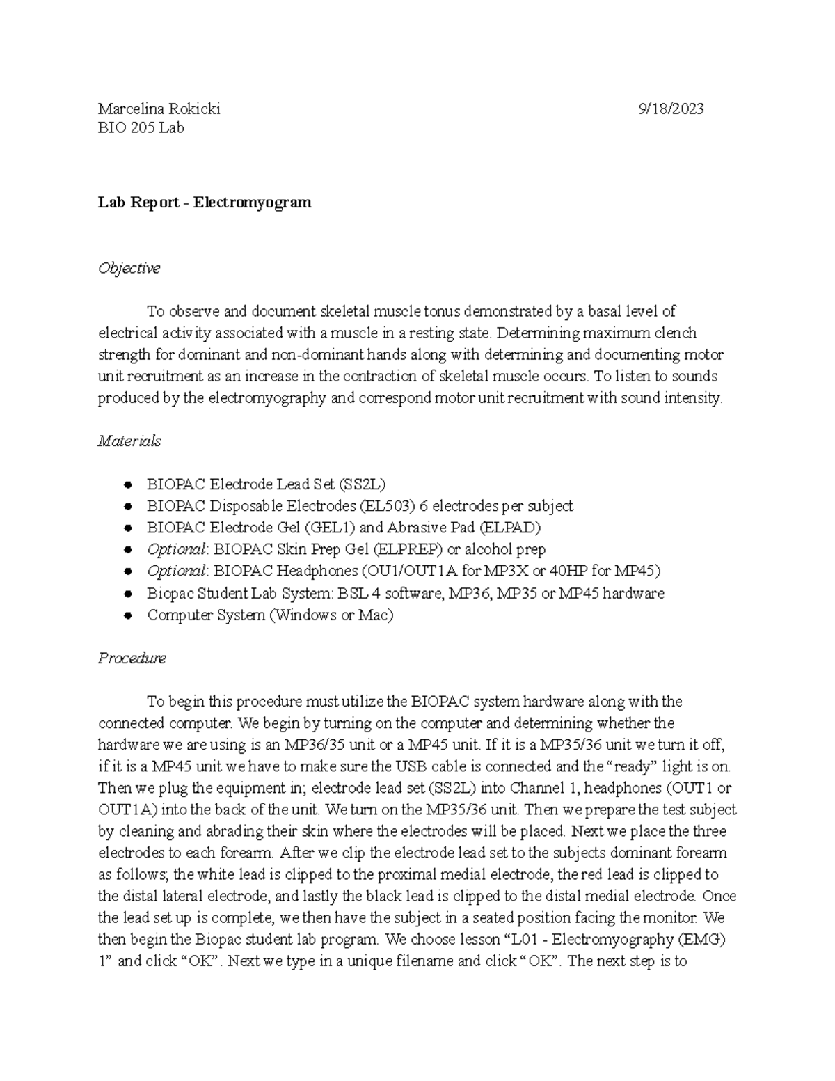 BIO 205 LAB Report EMG - Marcelina Rokicki 9/18/ BIO 205 Lab Lab Report ...