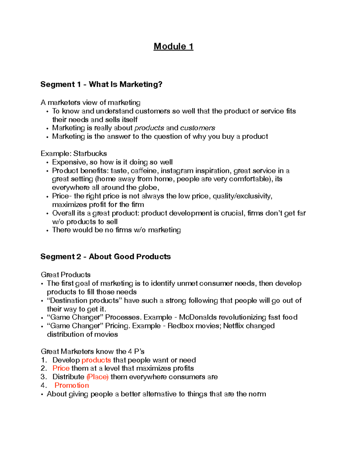 Chapter 1 Notes - Module 1 Segment 1 - What Is Marketing? A marketers ...