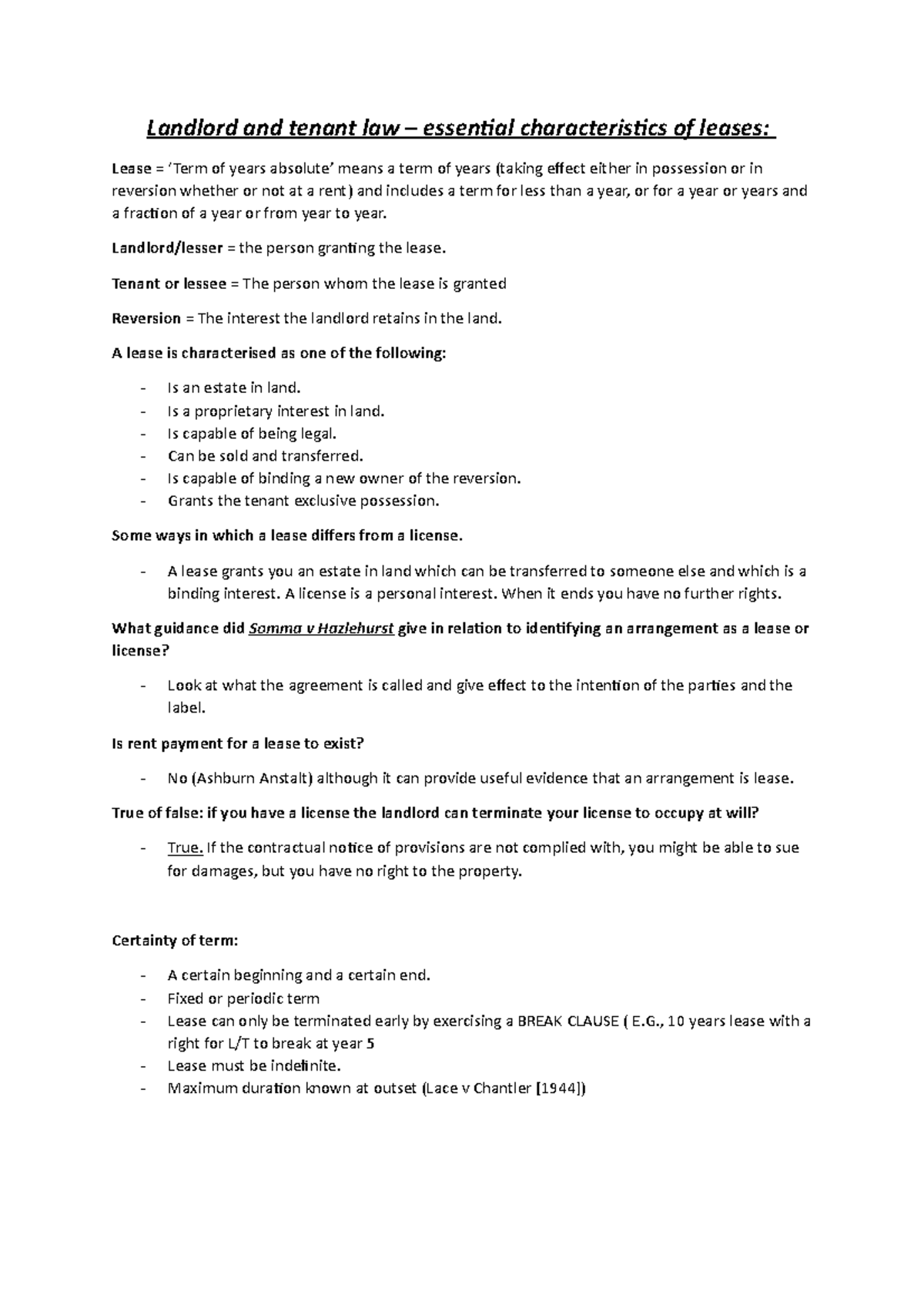 WK2 - essential characteristics of a lease - Landlord and tenant law ...