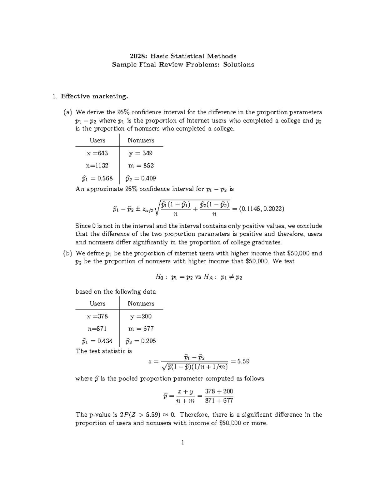 Sample Final Exam Solutions - 2028: Basic Statistical Methods Sample Final Review Problems ...