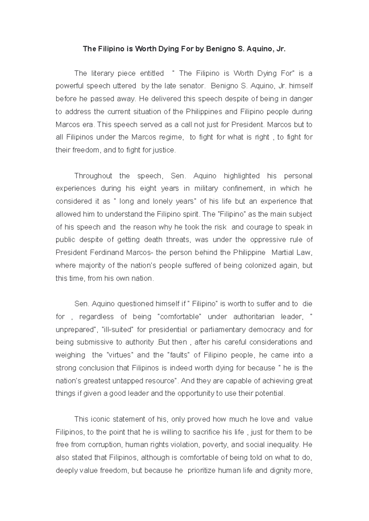 LIT 2( Critique Paper) - The Filipino is Worth Dying For by Benigno S ...