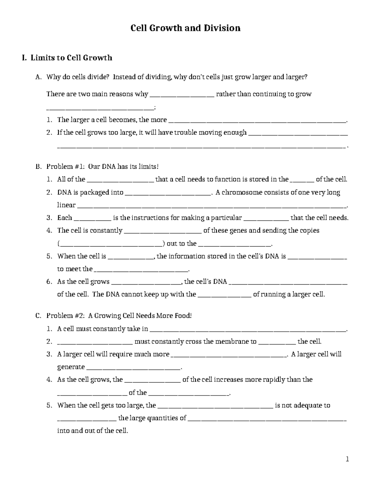 Mitosis Meiosis Notes Student - Cell Growth and Division I. Limits to ...