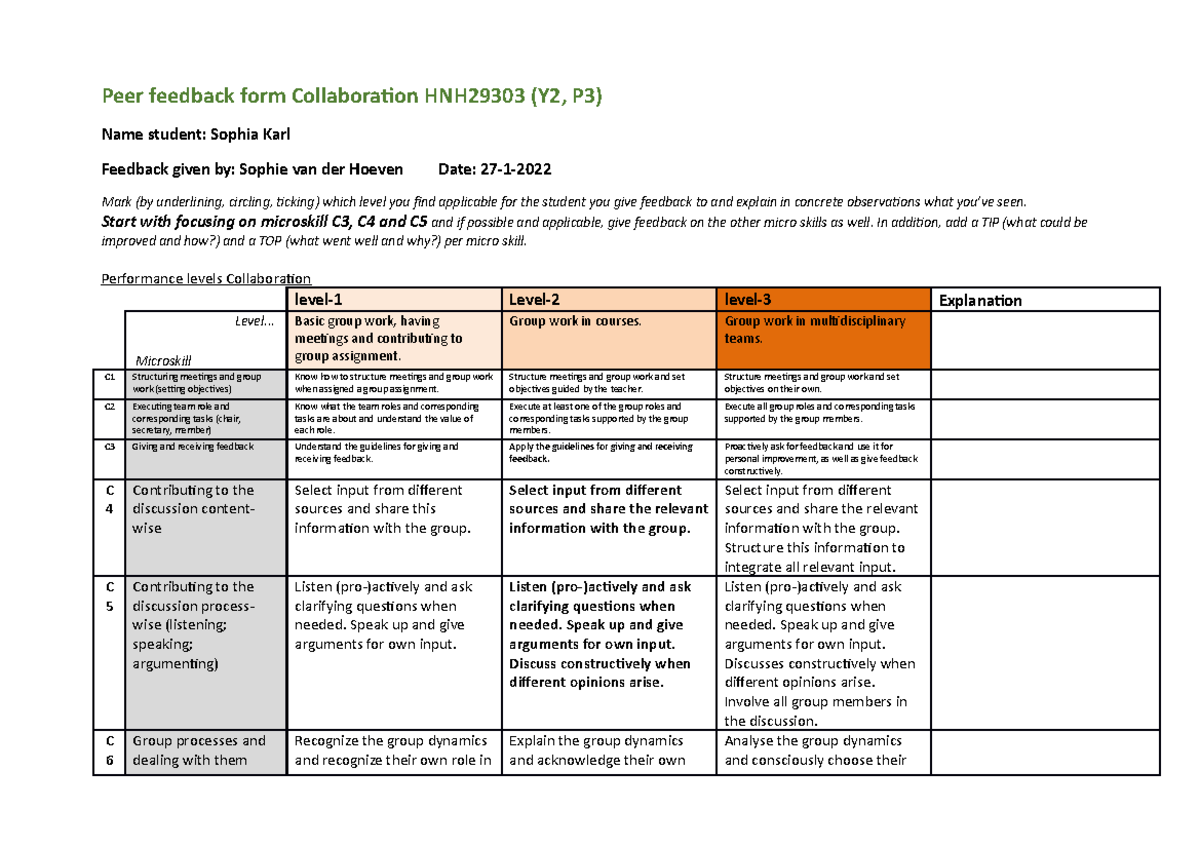 Feedback voorbeeld Collaboration HNH29303 - Peer feedback form ...