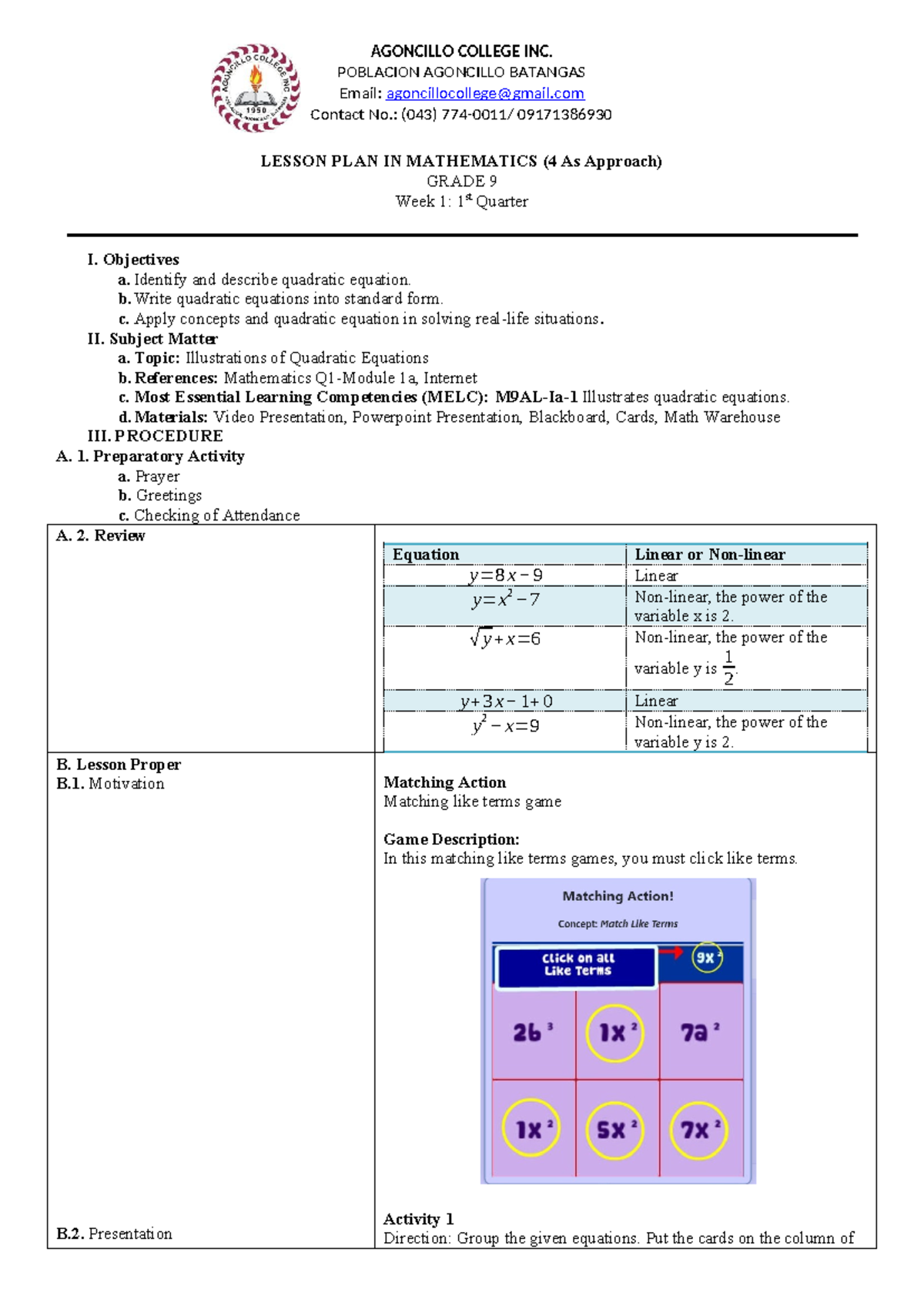 Lesson PLAN IN MATH 9 (4As Approach) - POBLACION AGONCILLO BATANGAS ...