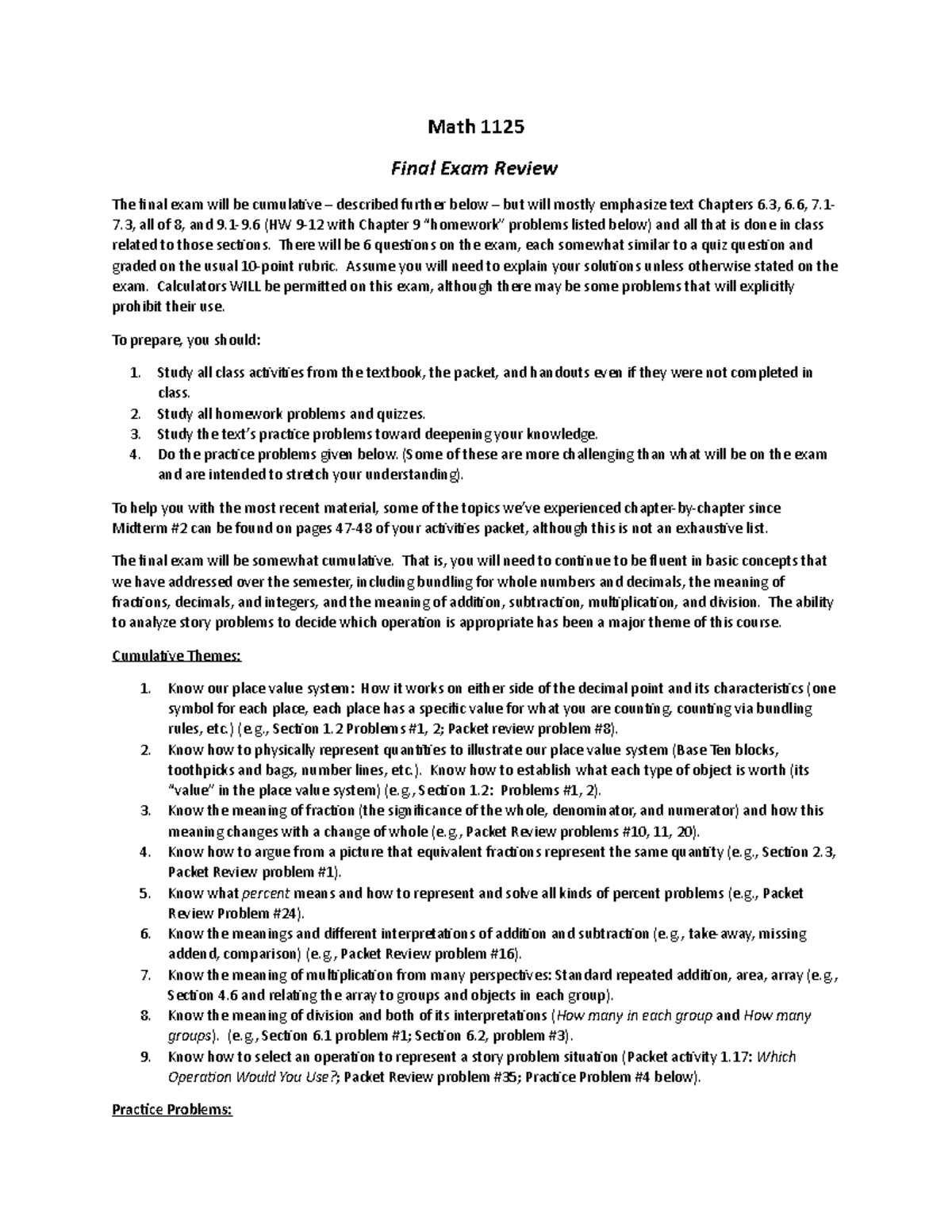 1125Final Exam Review - Math 1125 Final Exam Review The final exam will ...