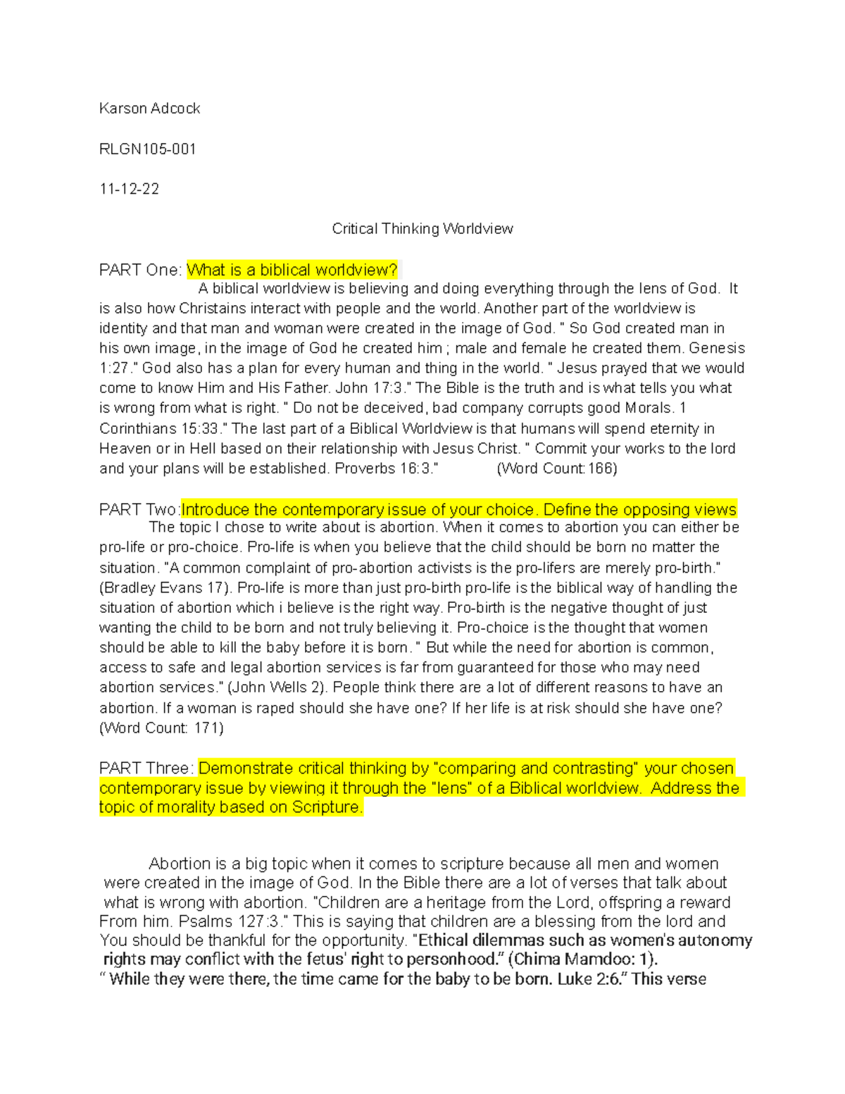 Biblical worldview paper - Karson Adcock RLGN105- 11-12- Critical ...