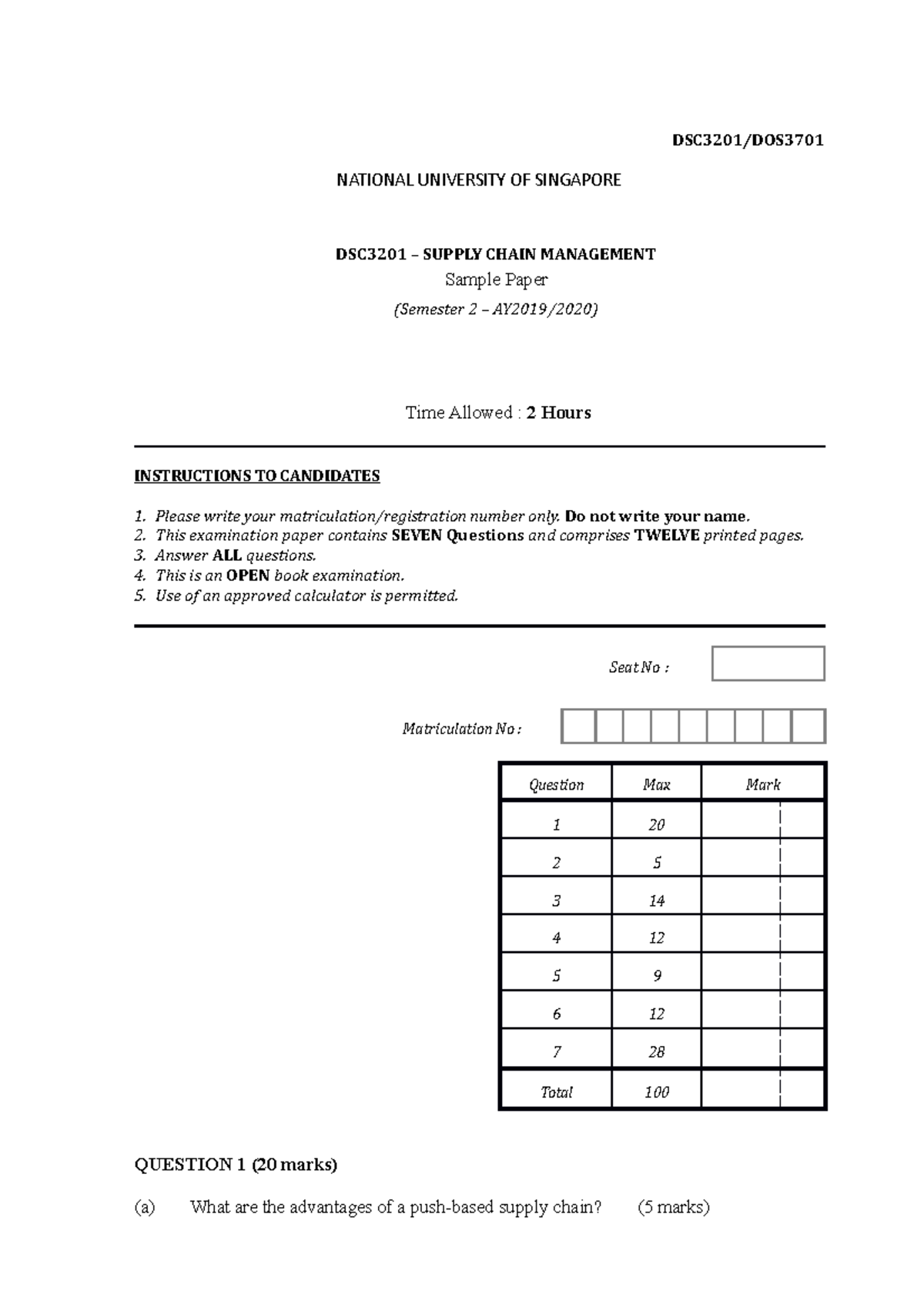 Sample/practice exam 2019 - NATIONAL UNIVERSITY OF SINGAPORE DSC3201 ...