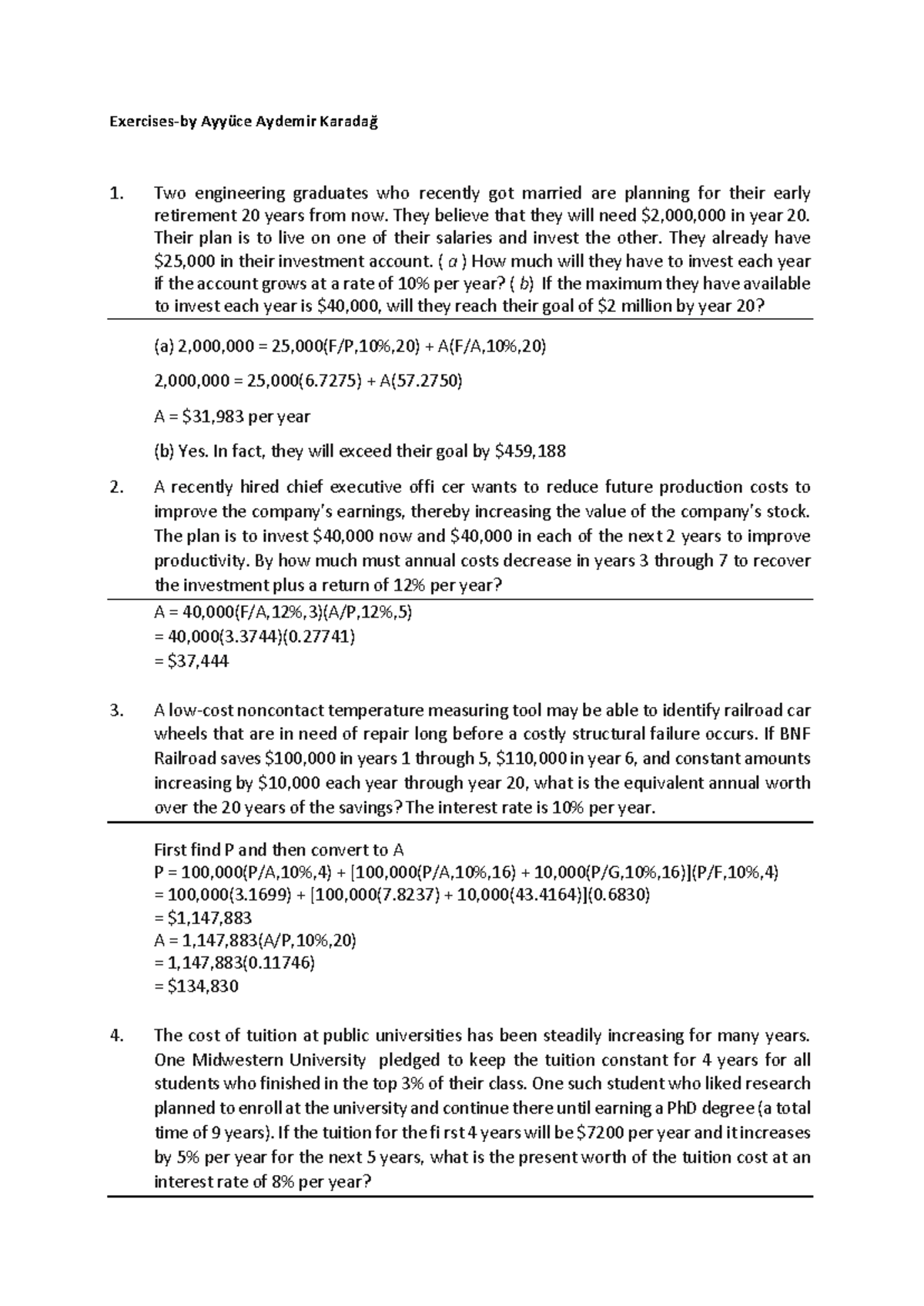 IE307-Exercises - Engineering Economy Exercises - Exercises-by Ayyüce ...