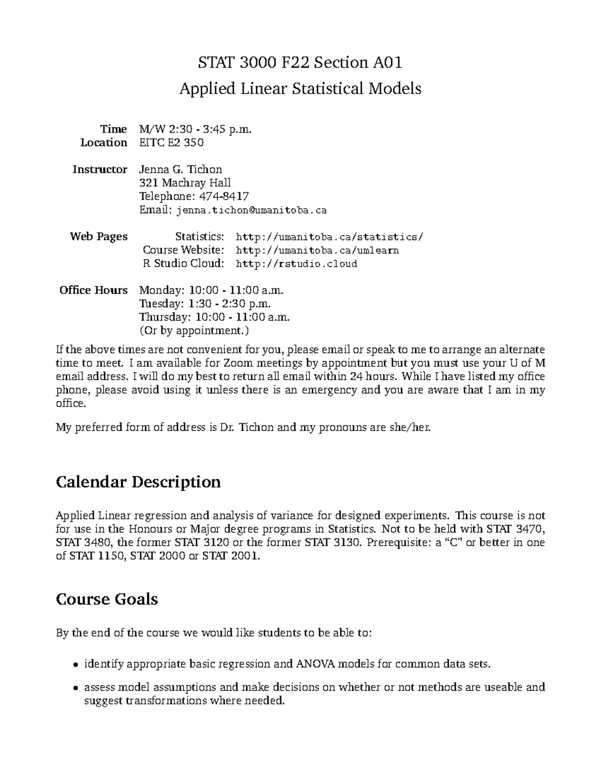 STAT 3000 outline F22 - Syllabus for stat 30000 - STAT 3000 F22 Section A Applied Linear ...