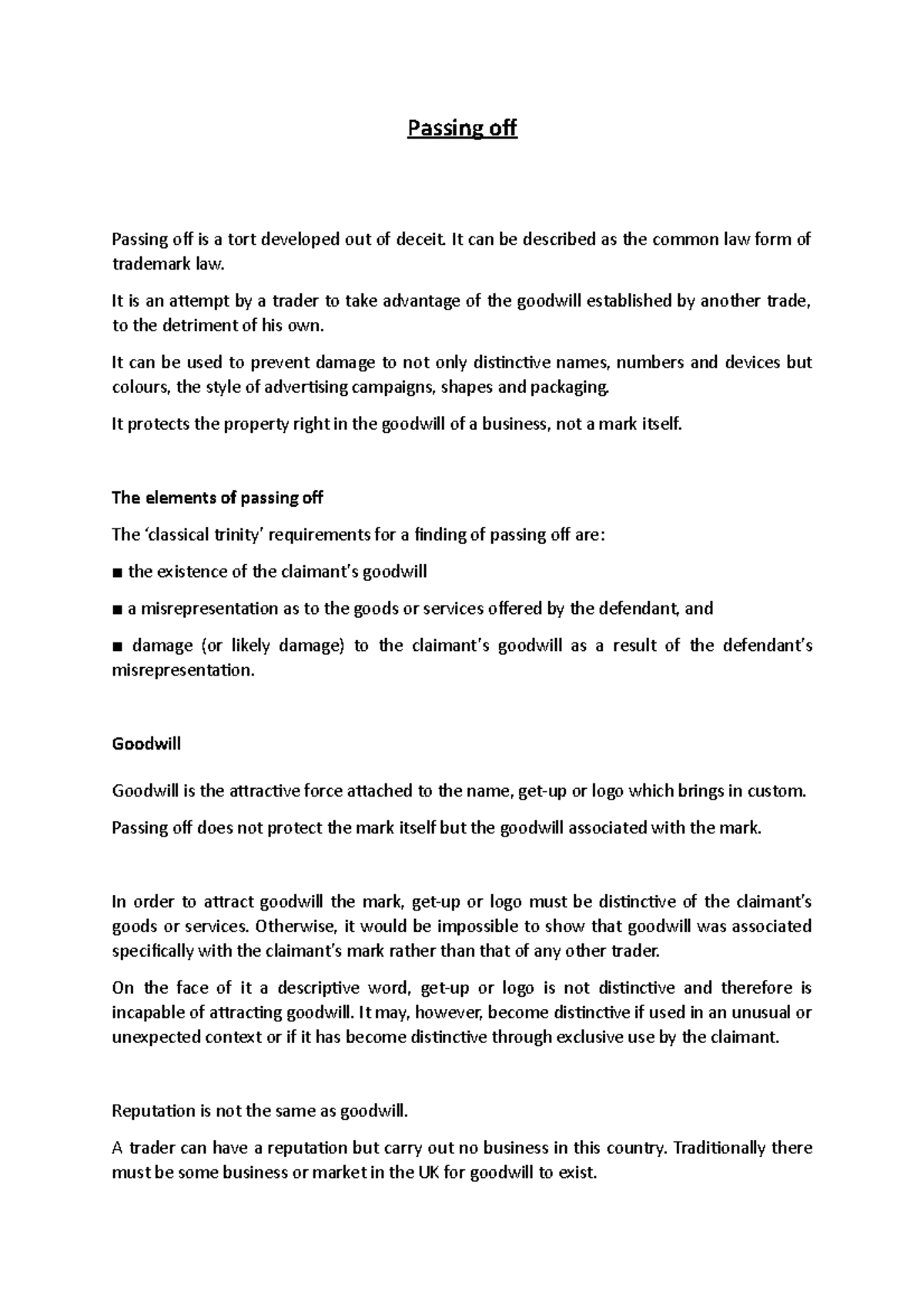 Passing off - Passing of Passing off is a tort developed out of deceit ...