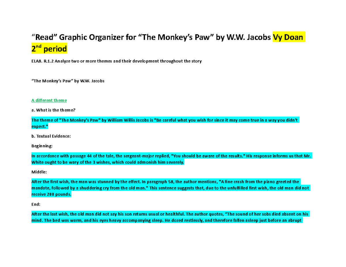 Monkey's Paw Read - Copy Vy Doan - “Read” Graphic Organizer for “The ...