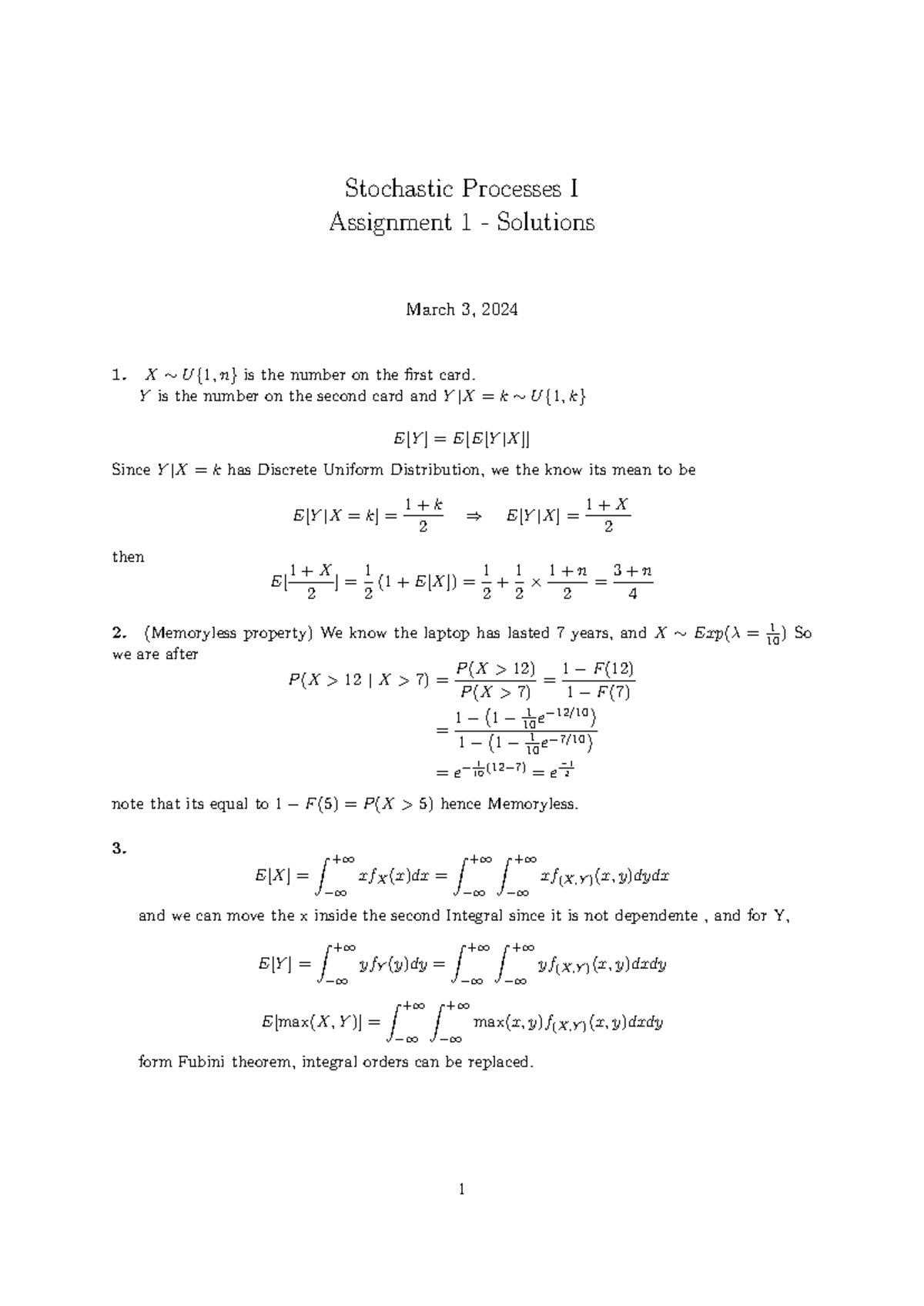 Assignment 1 - Solutions (2) - Stochastic Processes I Assignment 1 - Solutions March 3, 2024 X ∼ ...