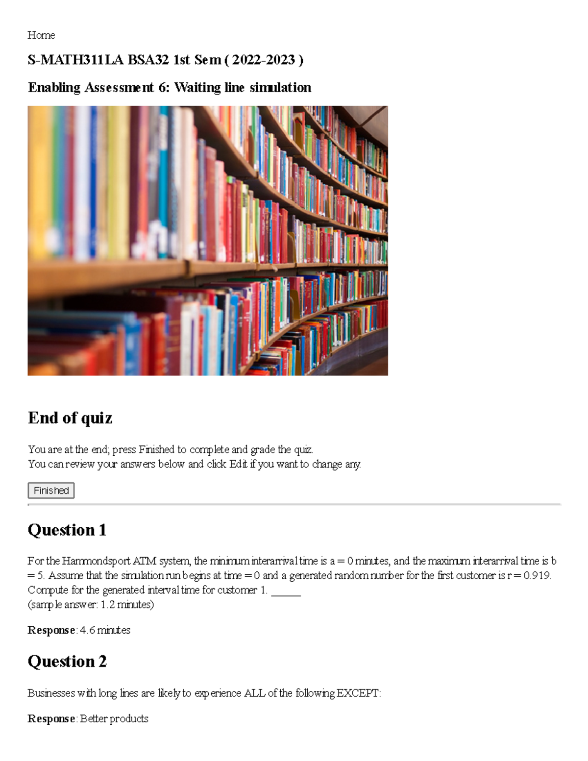 Ea6 waiting line simulation - Home S-MATH311LA BSA32 1st Sem ( 2022-2023 ) Enabling Assessment 6 ...