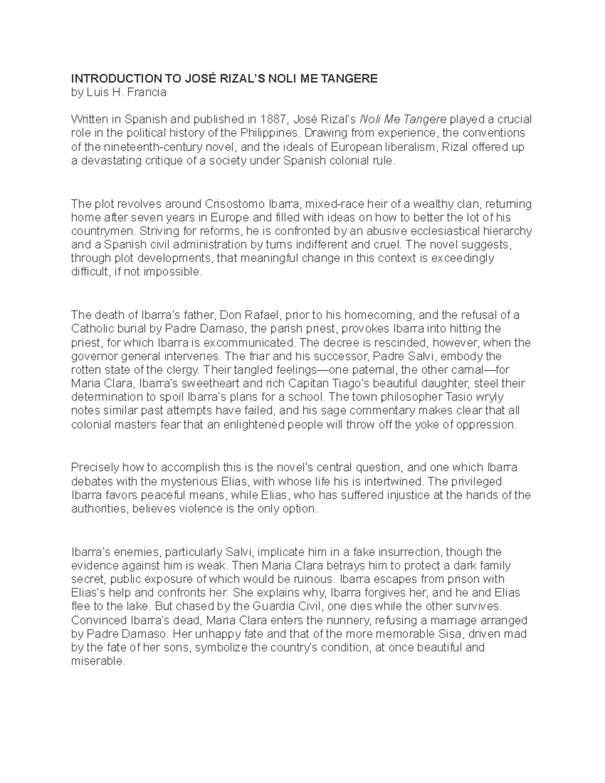 Introduction TO JOSÉ Rizal - INTRODUCTION TO JOSÉ RIZAL’S NOLI ME ...