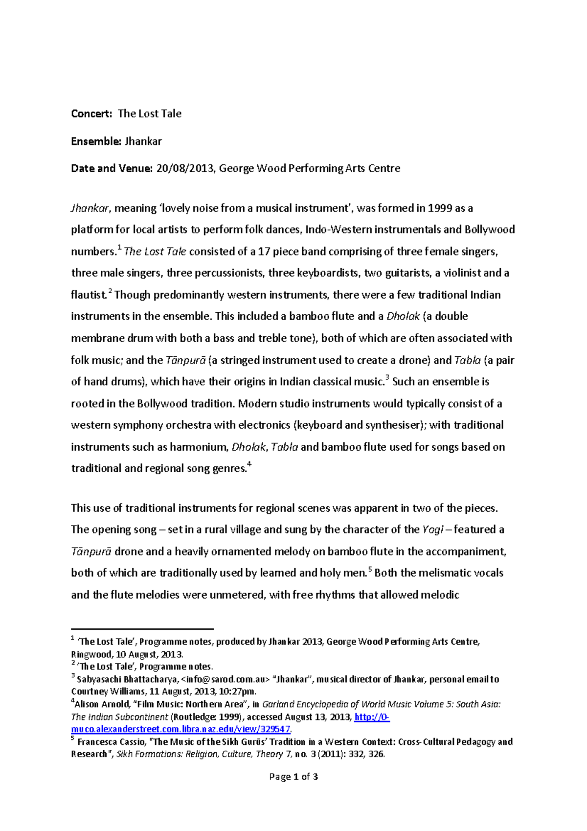 Concert Report 1 - Page 1 of 3 Concert: The Lost Tale Ensemble: Jhankar ...