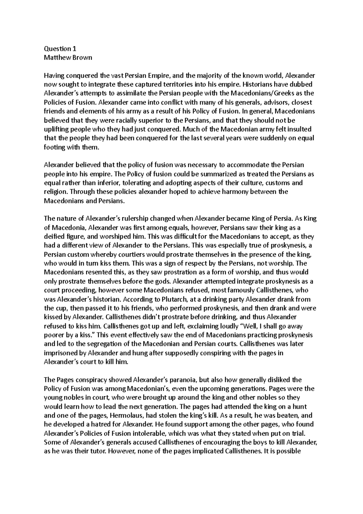 Classics Practice Essay - Question 1 Matthew Brown Having conquered the ...