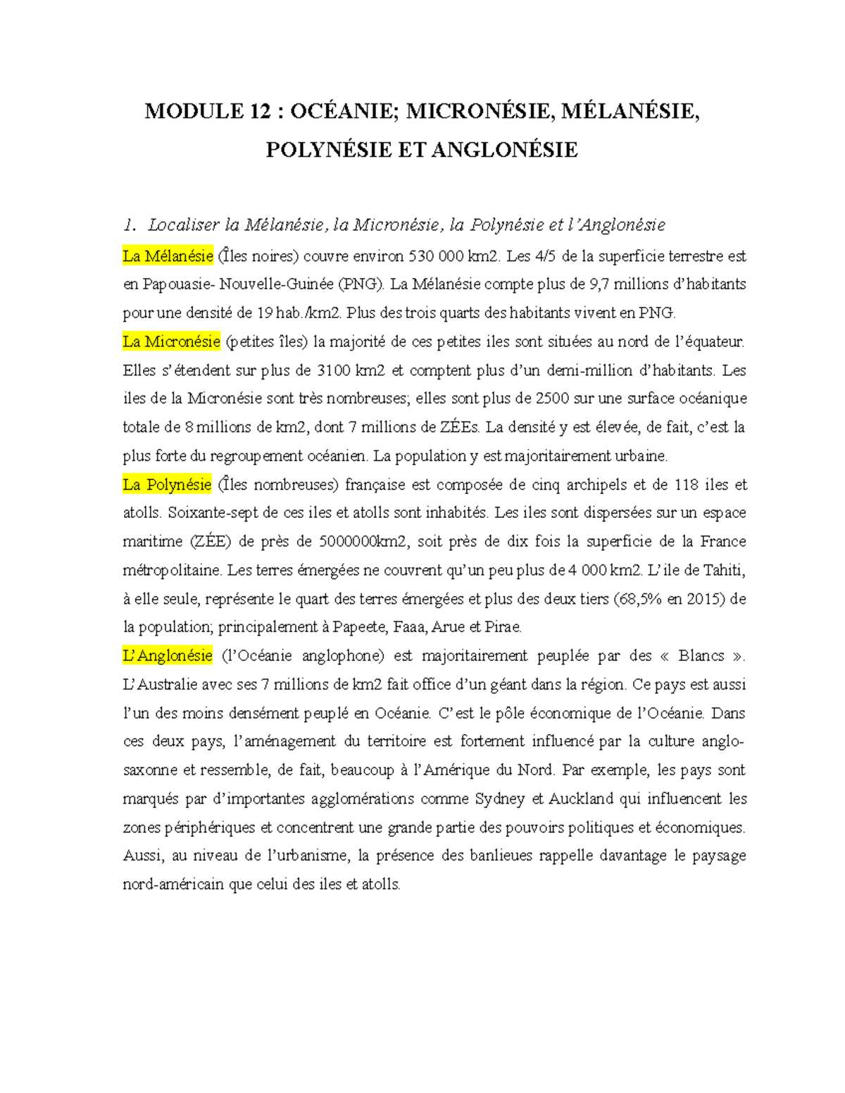 Module 12 - MODULE 12 : OCÉANIE; MICRONÉSIE, MÉLANÉSIE, POLYNÉSIE ET ...
