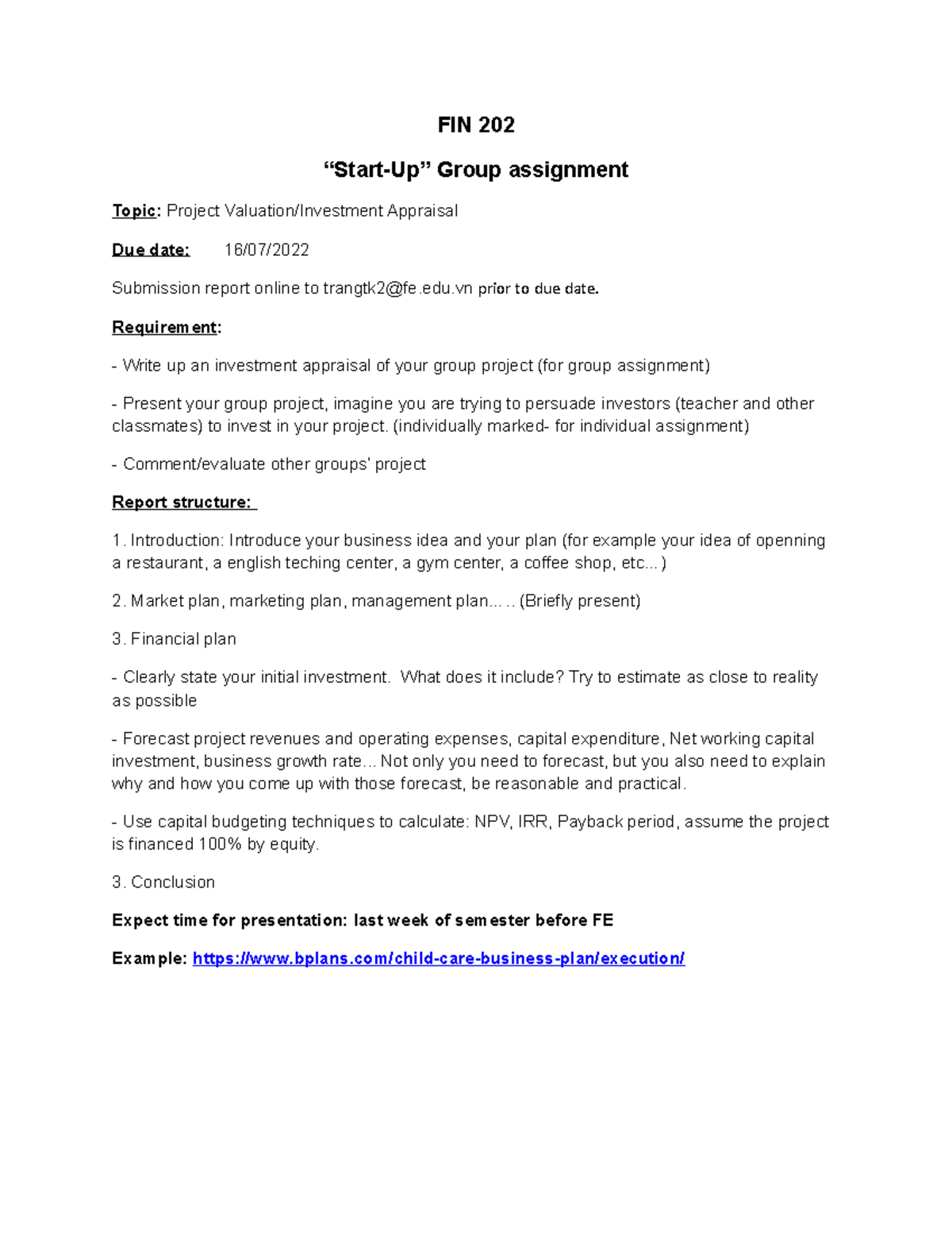 Group assignment FIN 202 - FIN 202 “Start-Up” Group assignment Topic ...
