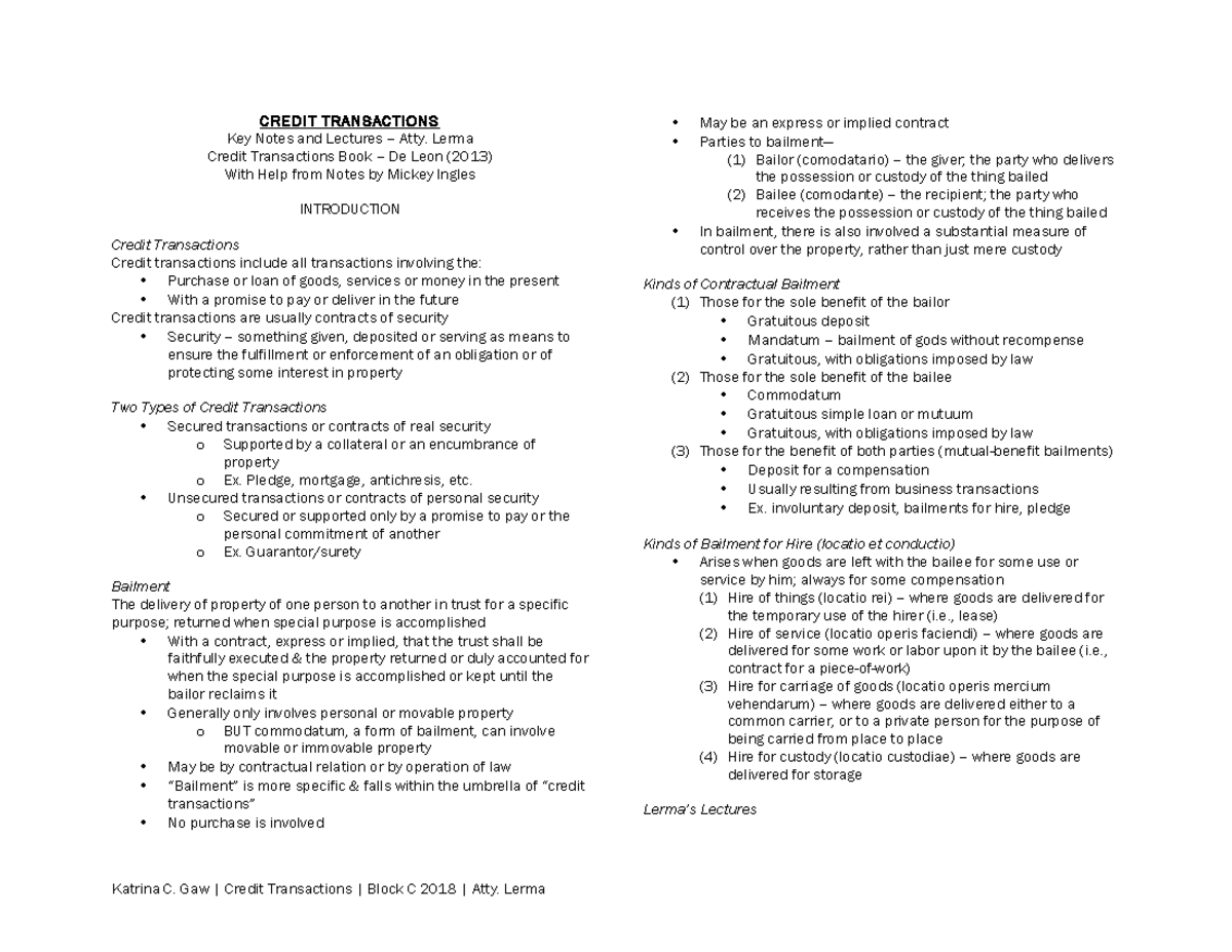 Cred Trans Reviewer - De Leon - CREDIT TRANSACTIONS Key Notes and ...