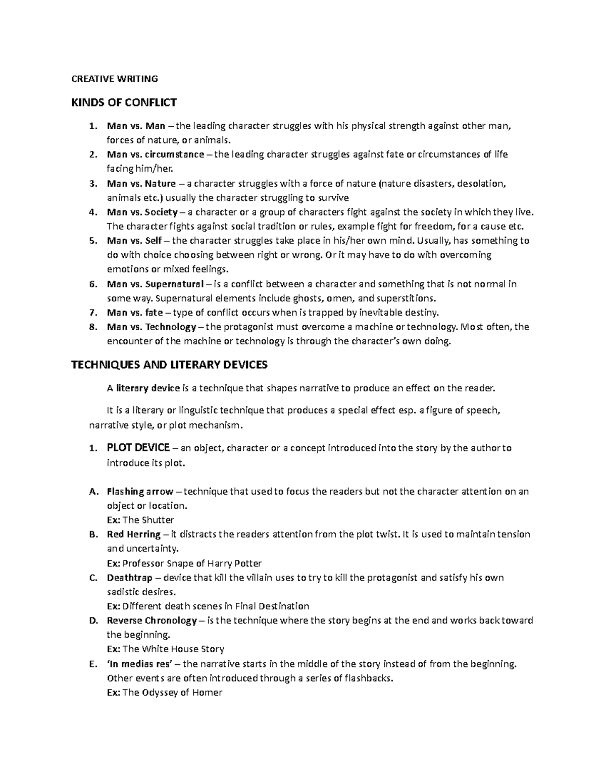 Creative Writing 1 - KINDS OF CONFLICT Man vs. Man – the leading ...
