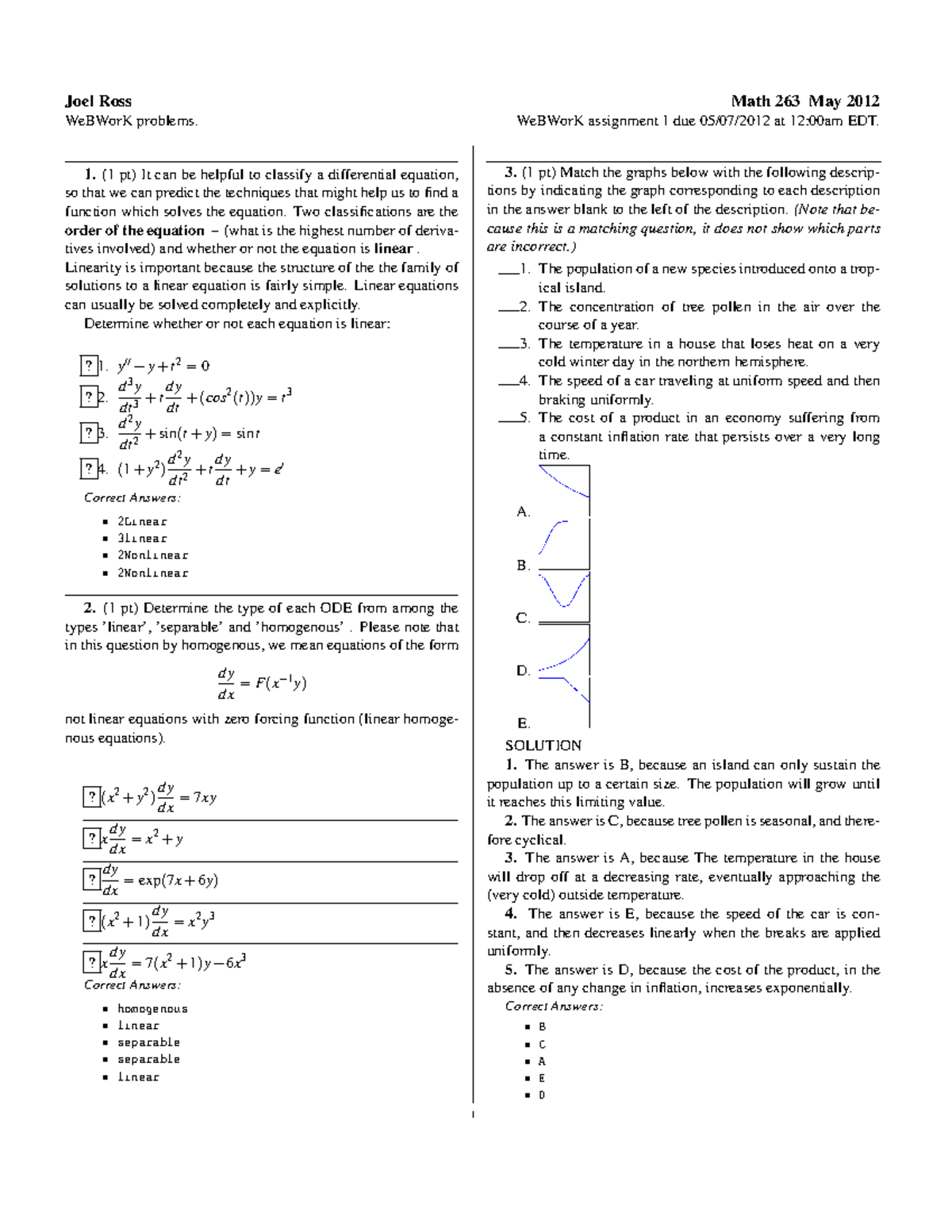 MATH 263 - Web Work 1 - MATH 263 - Web Work 2 for online homework #1 ...