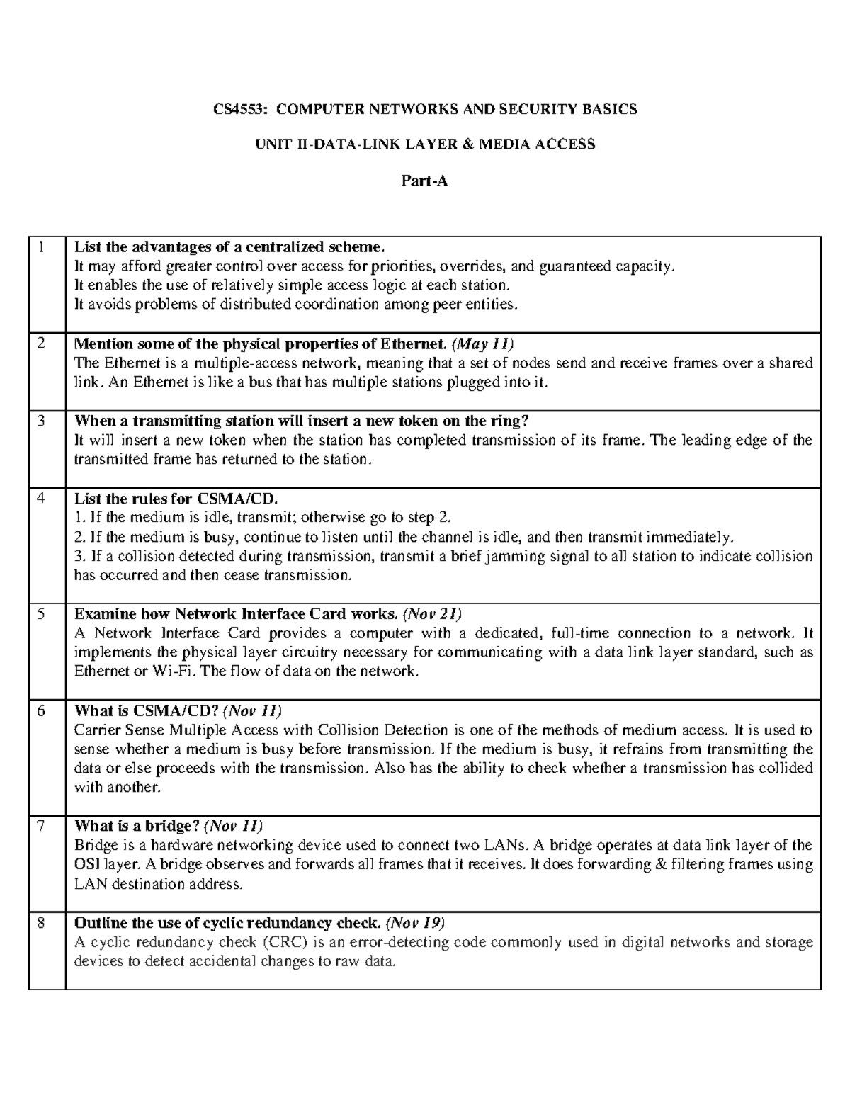 Unit-2 Part-A - nil - CS4553: COMPUTER NETWORKS AND SECURITY BASICS UNIT II-DATA-LINK LAYER ...