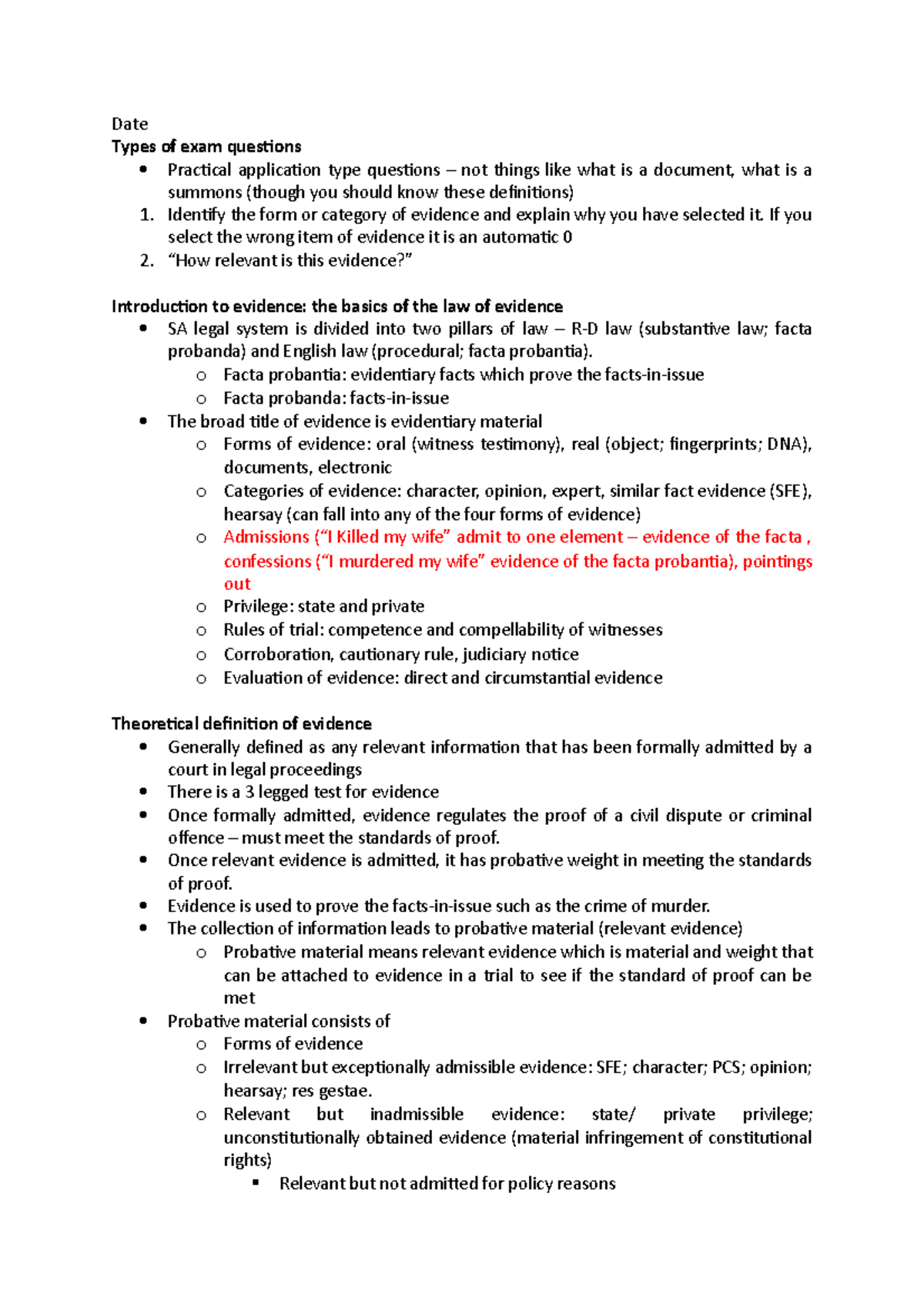 Evidence intro lectures - Date Types of exam questions Practical ...