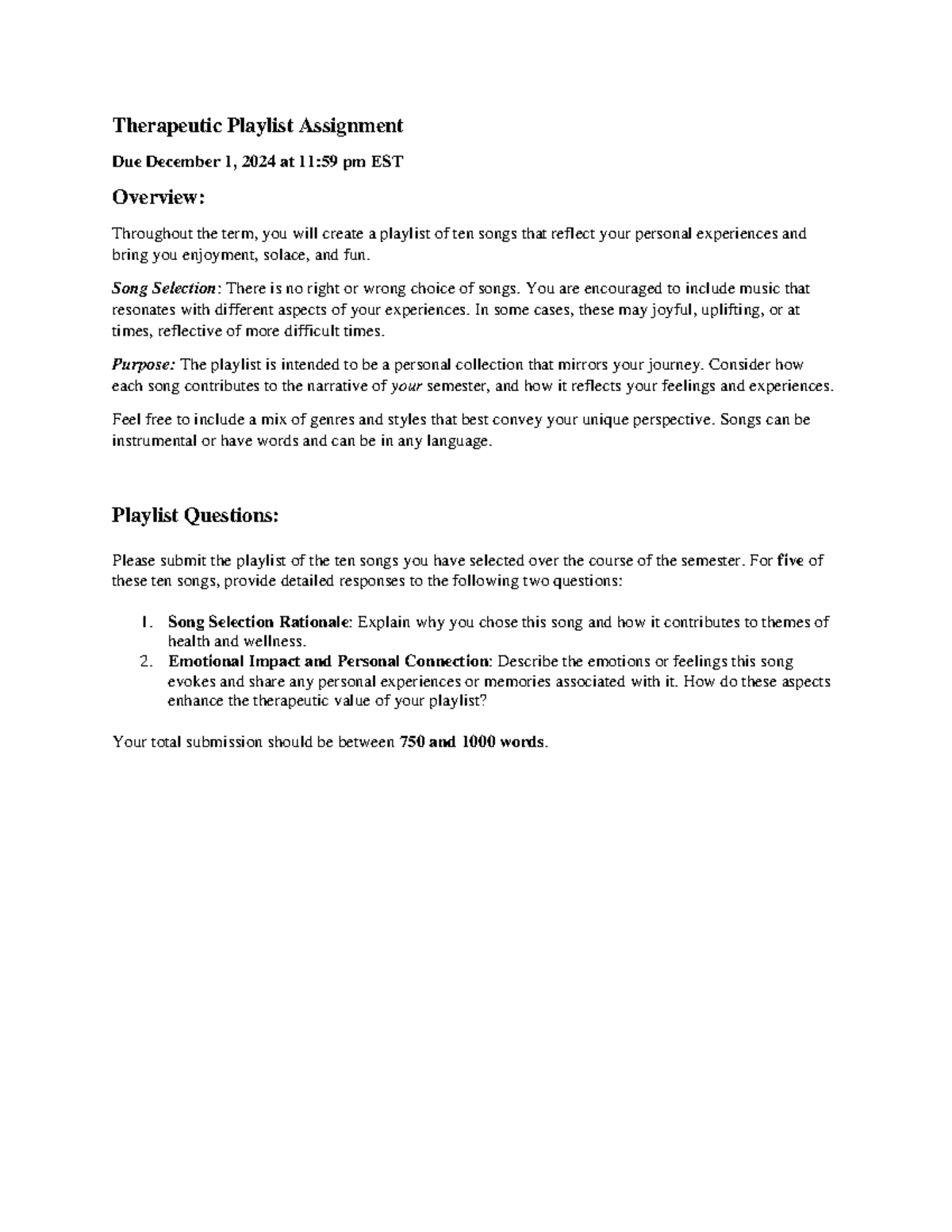 Playlist Assignment Overview-Final - Therapeutic Playlist Assignment ...